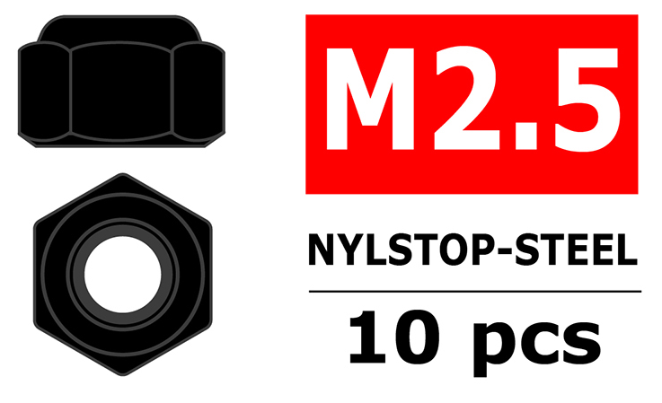 Team Corally - Steel Nylstop Nut M2.5 - Black Coated - (10) | EuroRC.com